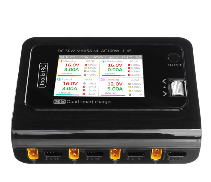 ToolkitRC M4Q 4x50W 5A AC 100W 4 Port DC Smart Charger XT60 for 1-4S ...